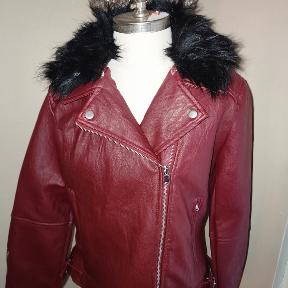 International One | Jackets & Coats | Burgundy Faux Moto Jacket With ...